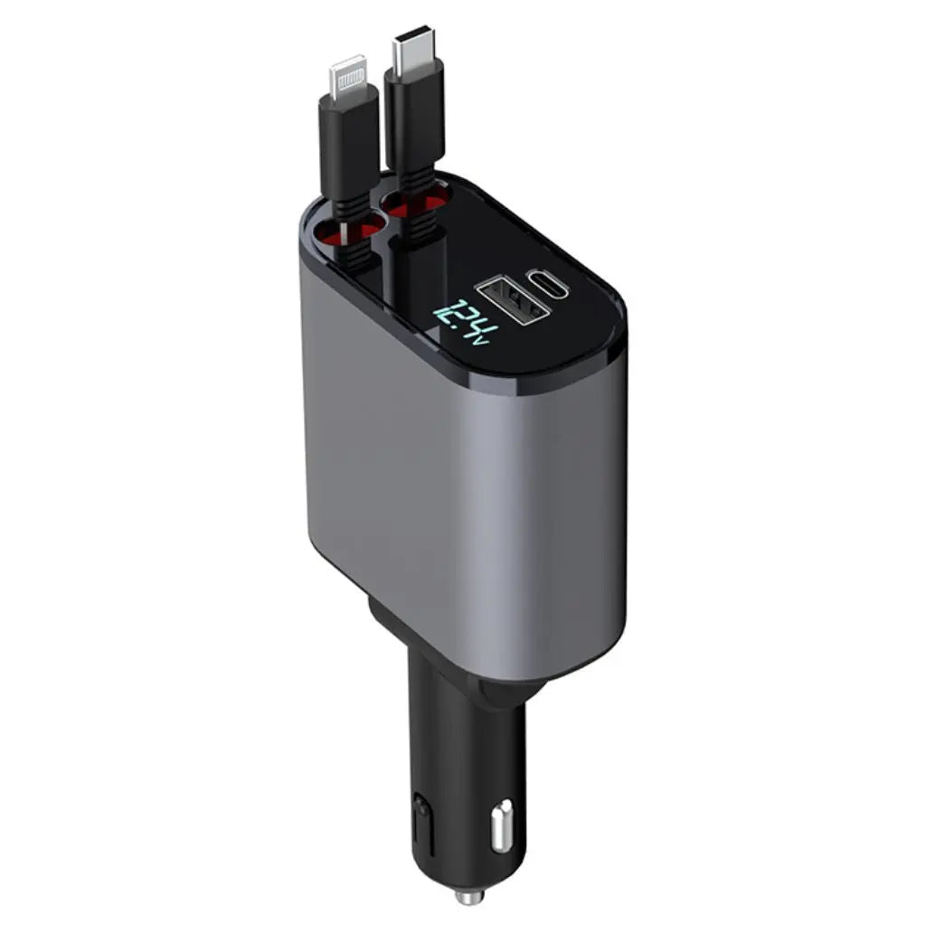 Retractable 4-in-1 Fast Car Charger USB-C Lightning iPhone Android